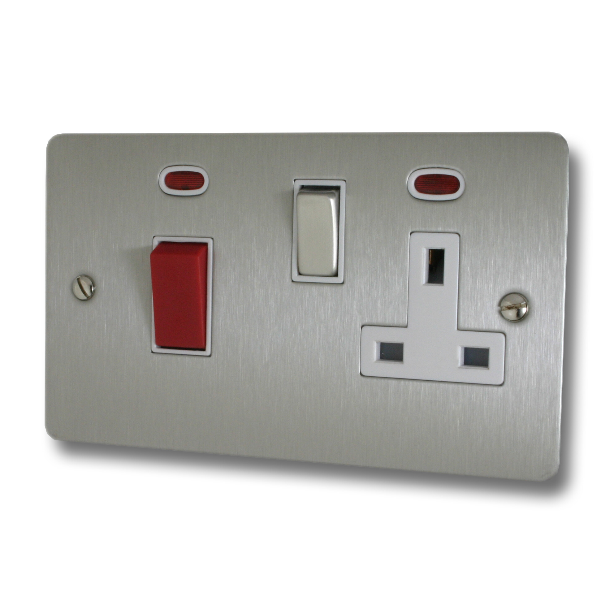 G+H Flat Brushed Steel Cooker Switch with Socket (White/Chrome Switch)